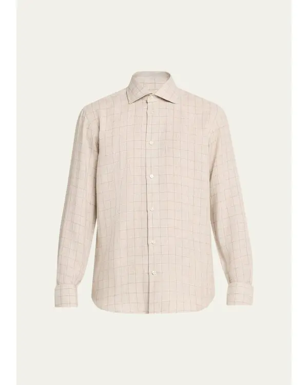 MAURIZIO BALDASSARI Linen Windowpane Check Button-down Shirt