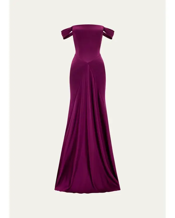 Alex Perry Off-the-shoulder Paneled Satin Crepe Gown