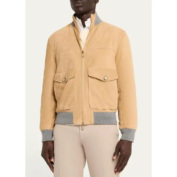 Brunello Cucinelli Suede Knit-trim Bomber Jacket - Tan