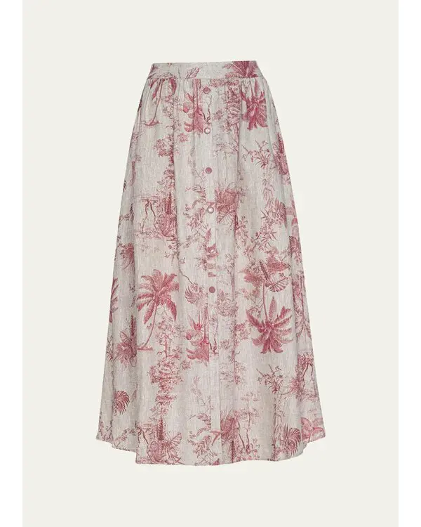 L'Agence Seina Pleated Etoile-print Linen Midi Skirt