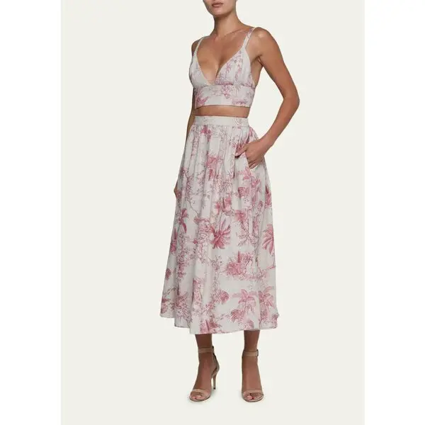 L'Agence Seina Pleated Etoile-print Linen Midi Skirt