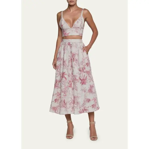 L'Agence Seina Pleated Etoile-print Linen Midi Skirt
