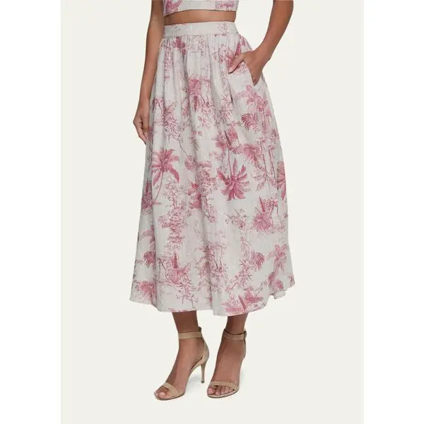L'Agence Seina Pleated Etoile-print Linen Midi Skirt