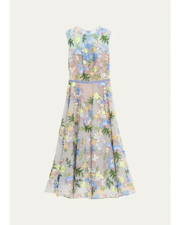 BRONX BANCO Saba Beaded Floral Applique Midi Dress - Blue Multi