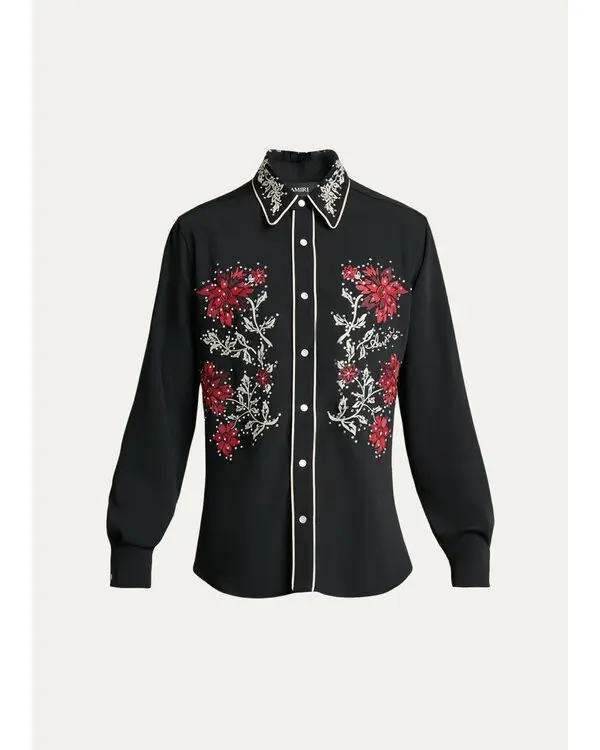 Amiri Flow Crystal-embellished Floral Dress Shirt - Black
