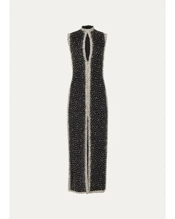 Costarellos Belina Sleeveless Crystal Embroidered Column Gown