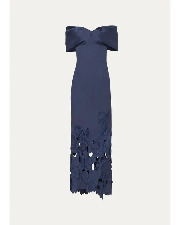 Costarellos Norelle Satin Off-the-shoulder Floral-cut Column Gown