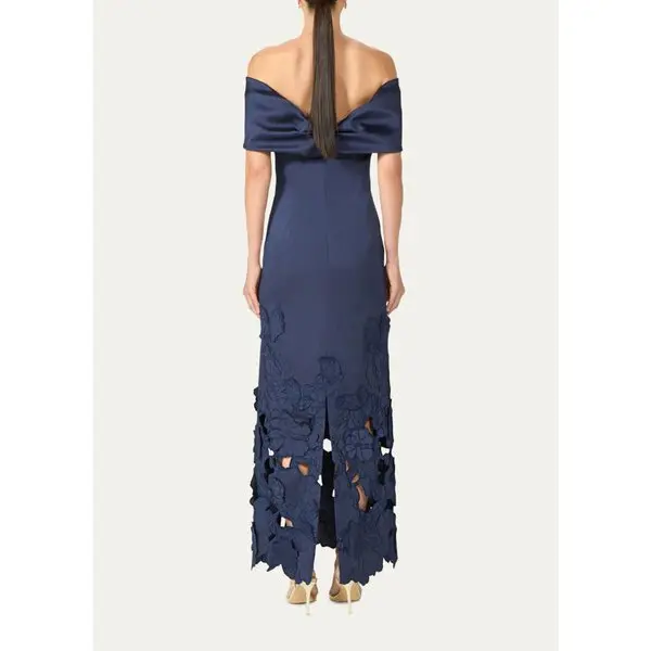 Costarellos Norelle Satin Off-the-shoulder Floral-cut Column Gown