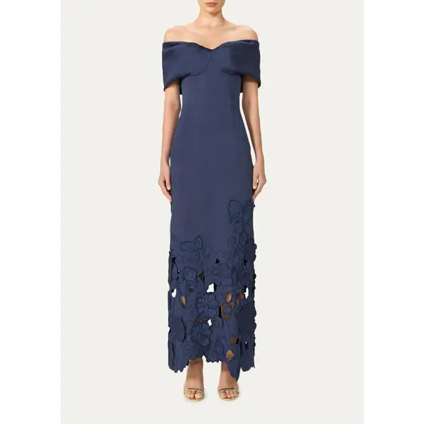 Costarellos Norelle Satin Off-the-shoulder Floral-cut Column Gown