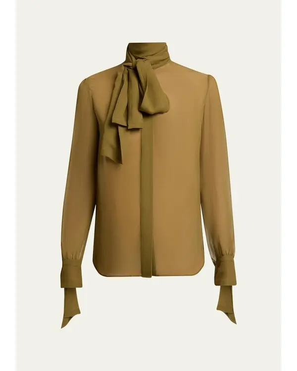 Saint Laurent Lavalliere Silk Long-sleeve Blouse