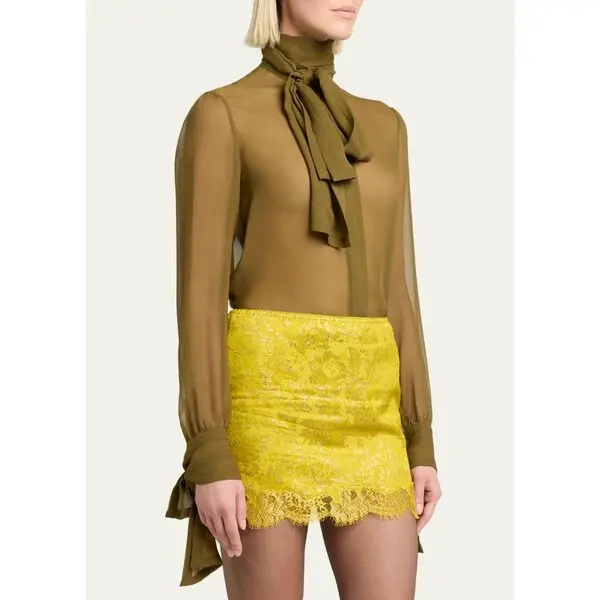 Saint Laurent Lavalliere Silk Long-sleeve Blouse
