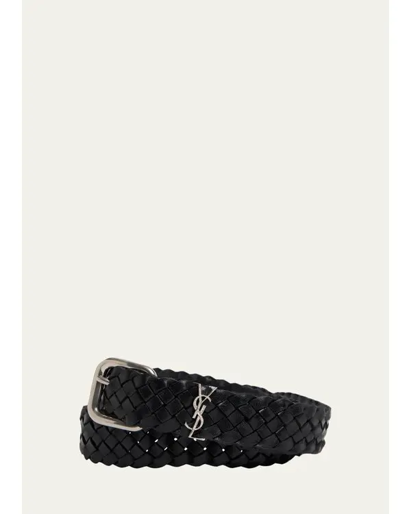 Saint Laurent Cassandre Woven Leather Belt - Nero