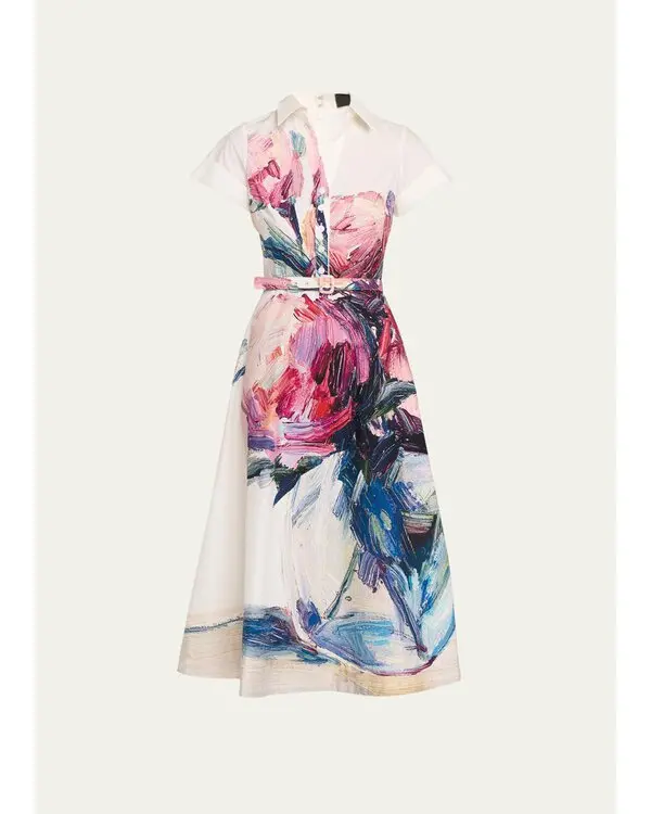Rickie Freeman For Teri Jon Cotton Floral Short-sleeve Shirtwaist Dress - White Multi