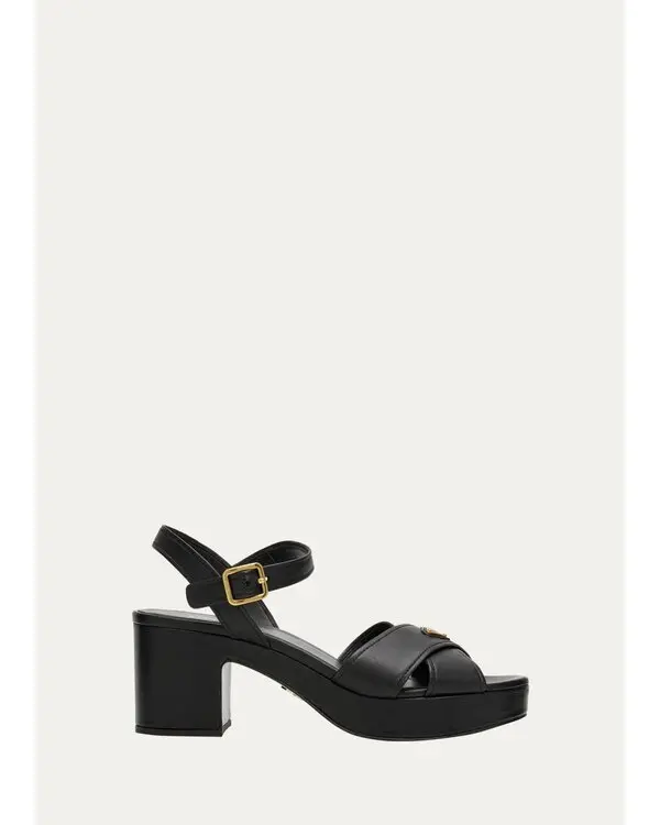 Prada 65mm Triangle Logo Crisscross Leather Platform Sandals - Nero