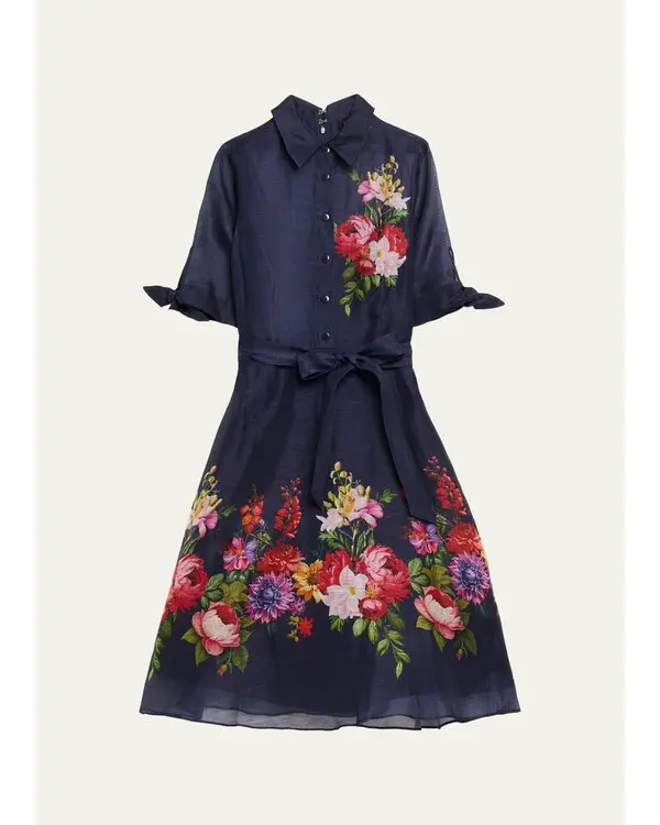 Rickie Freeman For Teri Jon Silken Linen Floral-print Shirtdress - Navy Multi