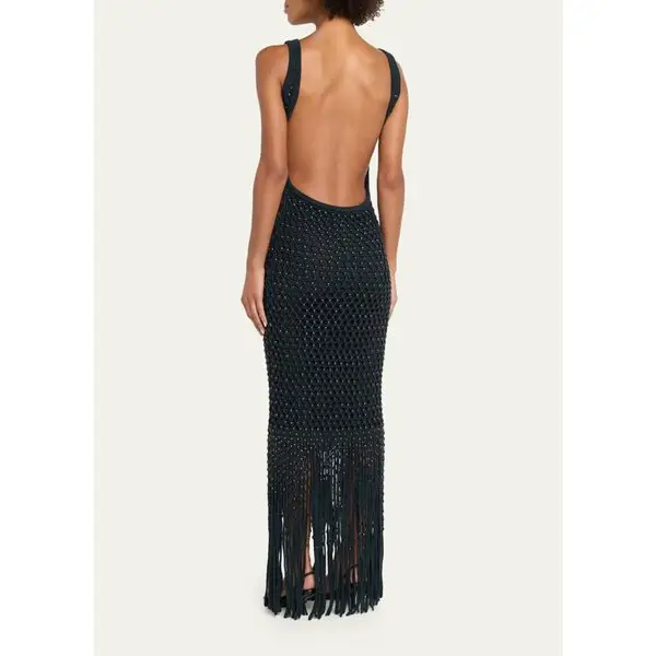DIOTIMA Gala Embellished Net Fringe Backless Gown