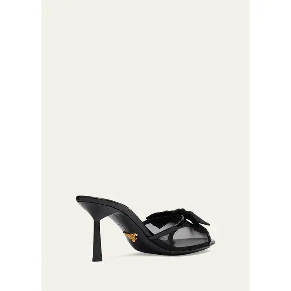Prada 75mm Logo Bow Mesh Mule Sandals