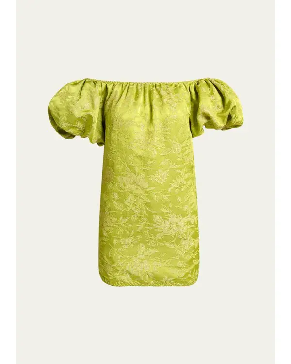 Saint Laurent Duchesse Satin Brocade Puff-sleeve Mini Dress - Thyme
