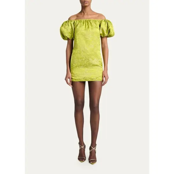 Saint Laurent Duchesse Satin Brocade Puff-sleeve Mini Dress - Thyme