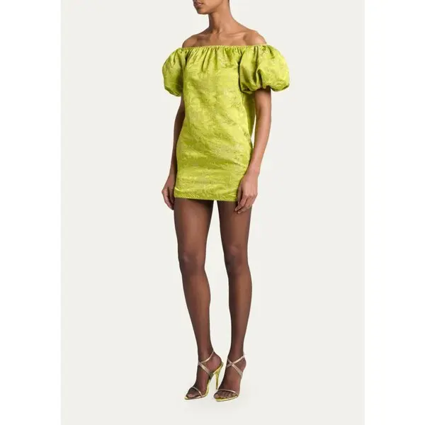 Saint Laurent Duchesse Satin Brocade Puff-sleeve Mini Dress - Thyme