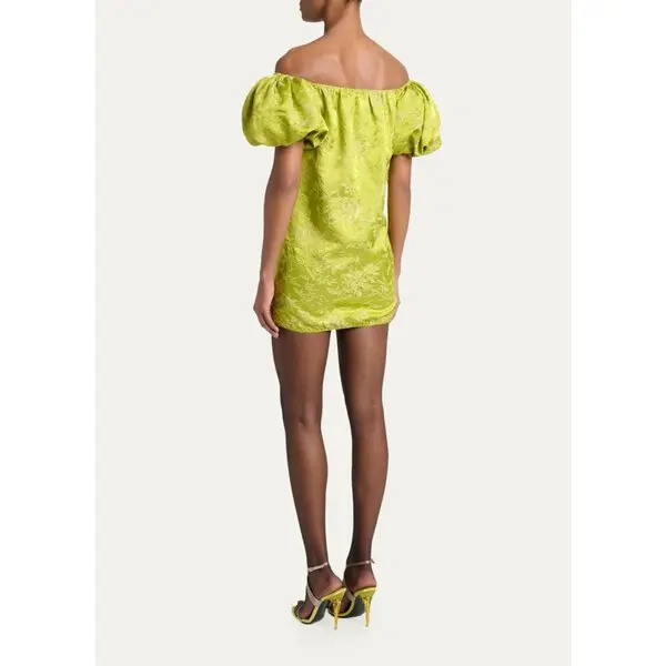 Saint Laurent Duchesse Satin Brocade Puff-sleeve Mini Dress - Thyme