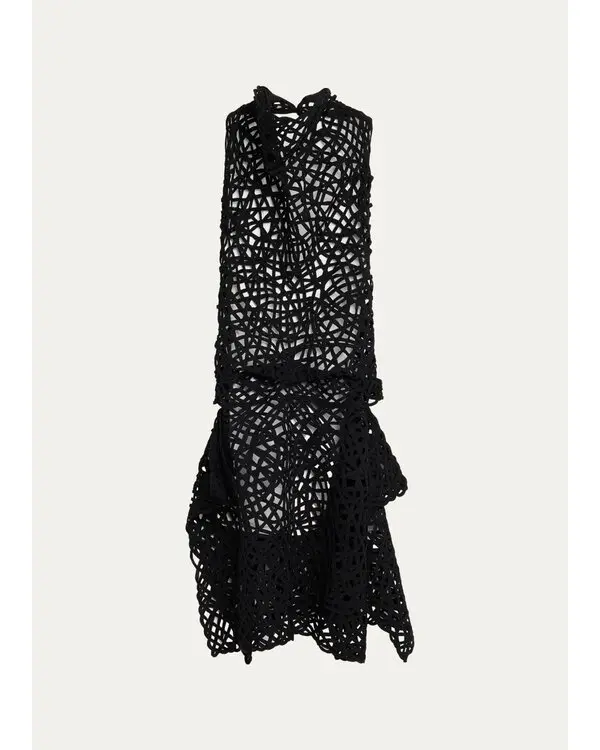 DIOTIMA Lattice Embroidered Layered Halter Midi Dress - Black