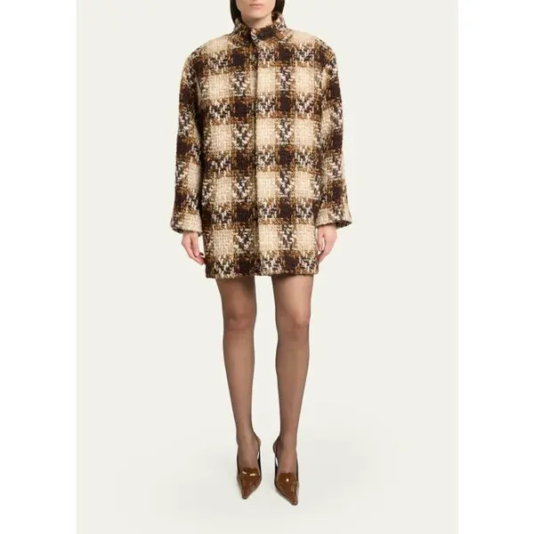 Saint Laurent Check Tweed Short Coat - Black/brown/chalk