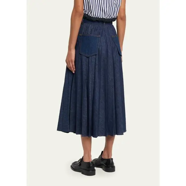 Sacai Belted Pleated Denim Midi Skirt