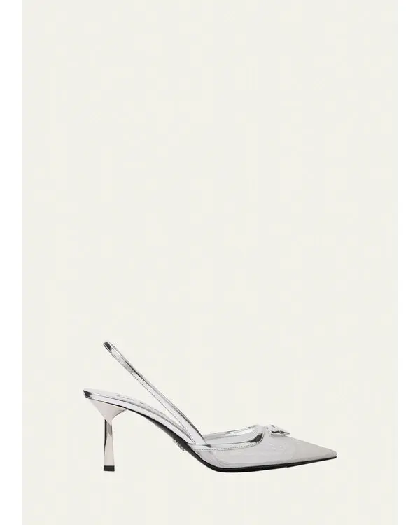 Prada 75mm Modellerie Metallic Leather Mesh Slingback Pumps