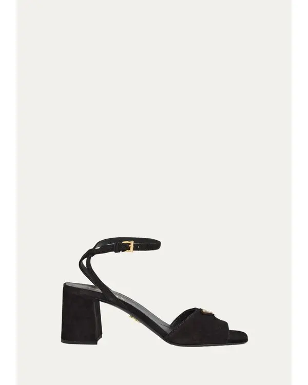 Prada 65mm Triangle Logo Suede Block-heel Sandals - Nero