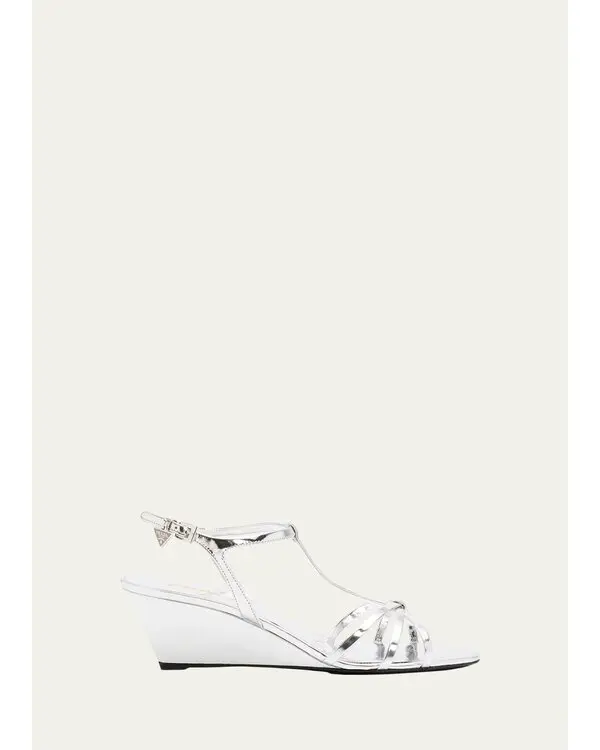 Prada 55mm Metallic Leather Wedge Sandals - Argento