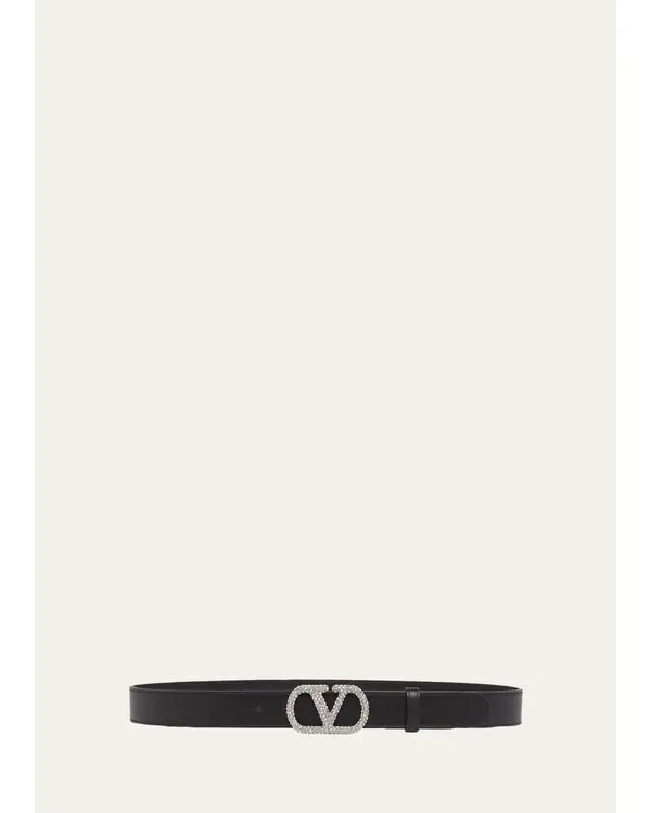 Valentino Garavani Crystal Vlogo Leather Belt, 30mm - Nero