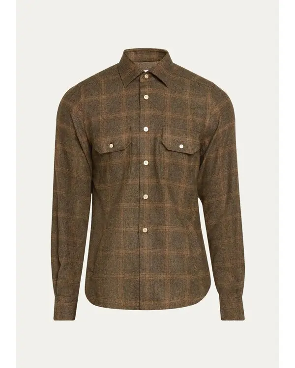 Kiton Cashmere And Wool Plaid Button-front Shirt