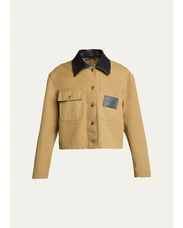 Balenciaga Leather-collar Cropped Canvas Workwear Jacket