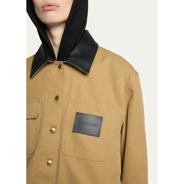 Balenciaga Leather-collar Cropped Canvas Workwear Jacket