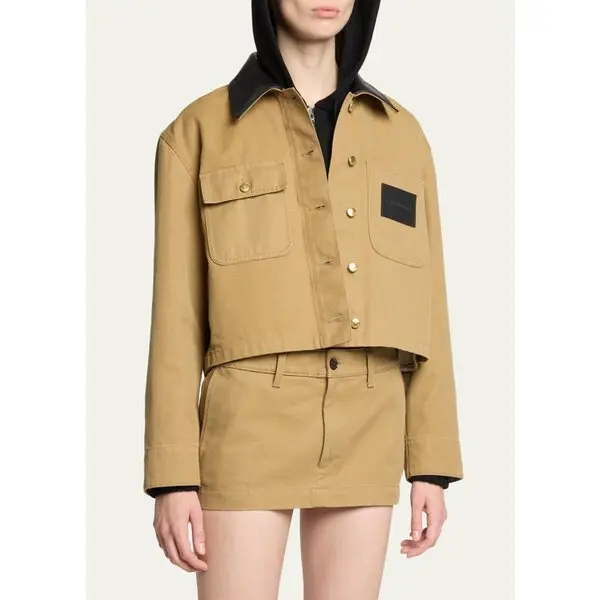 Balenciaga Leather-collar Cropped Canvas Workwear Jacket