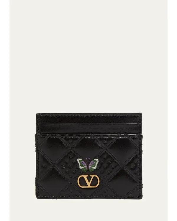 Valentino Garavani Leather Vlogo Butterfly Card Holder - Nero Multi