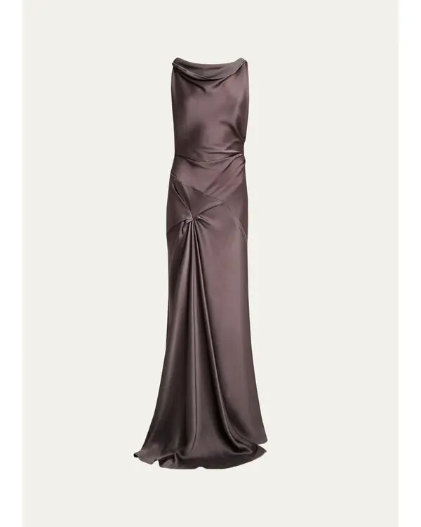 Victoria Beckham Asymmetric Draped Sleeveless Satin Midi Dress - Ore