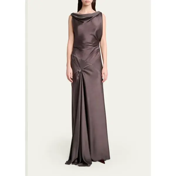 Victoria Beckham Asymmetric Draped Sleeveless Satin Midi Dress - Ore