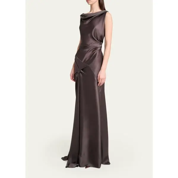 Victoria Beckham Asymmetric Draped Sleeveless Satin Midi Dress - Ore