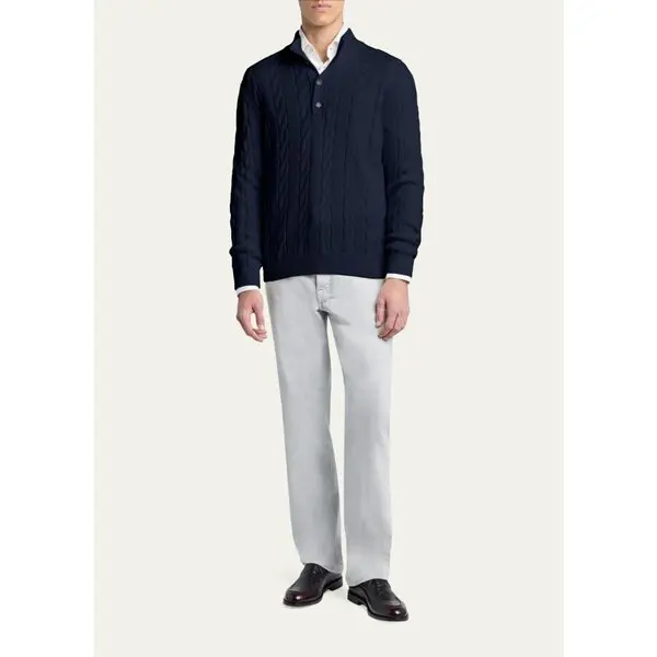 Kiton 3-ply Cashere Cable Knit Mock Neck Sweater - Navy