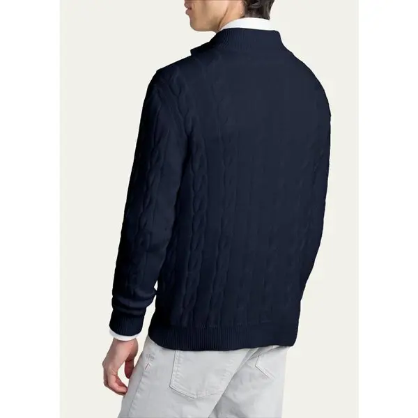 Kiton 3-ply Cashere Cable Knit Mock Neck Sweater - Navy