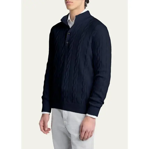 Kiton 3-ply Cashere Cable Knit Mock Neck Sweater - Navy