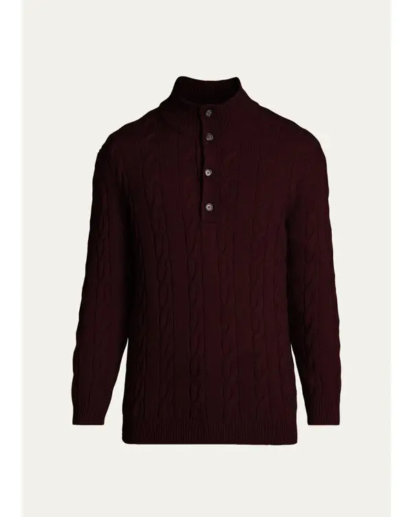 Kiton 3-ply Cashere Cable Knit Mock Neck Sweater - Ruby/burgundy