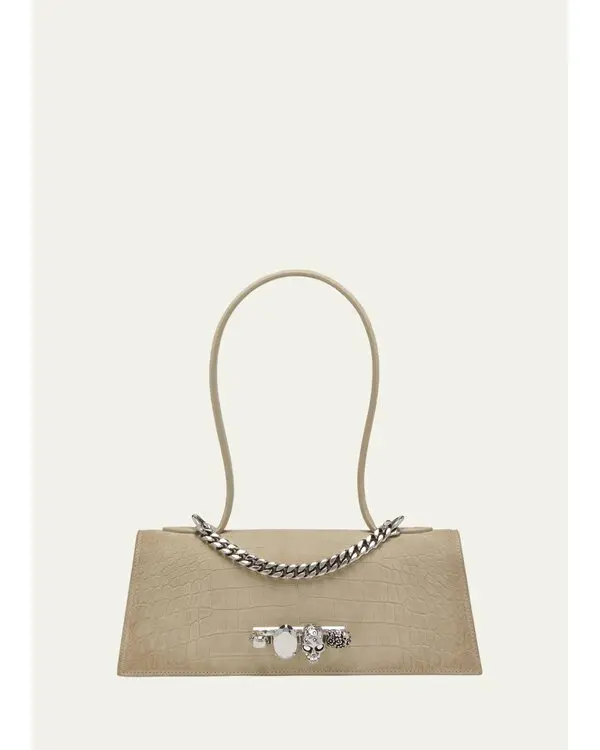 Alexander McQueen Jewelled Croc-embossed Suede Top-handle Bag