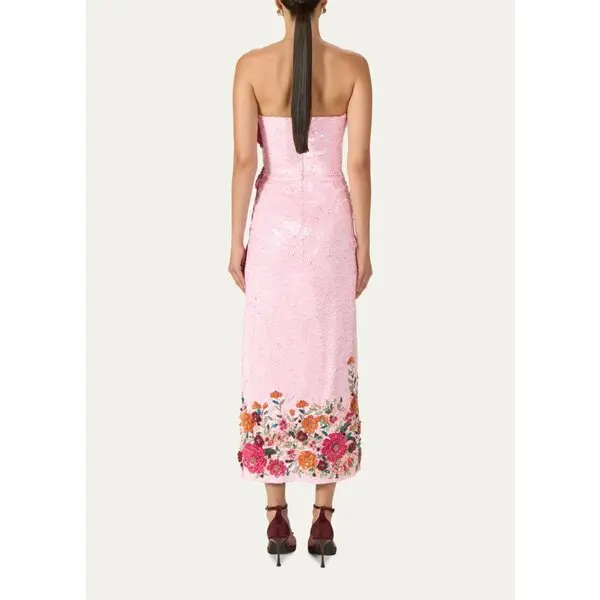 Costarellos Harlee Strapless Flower Sequined Slit Midi Dress