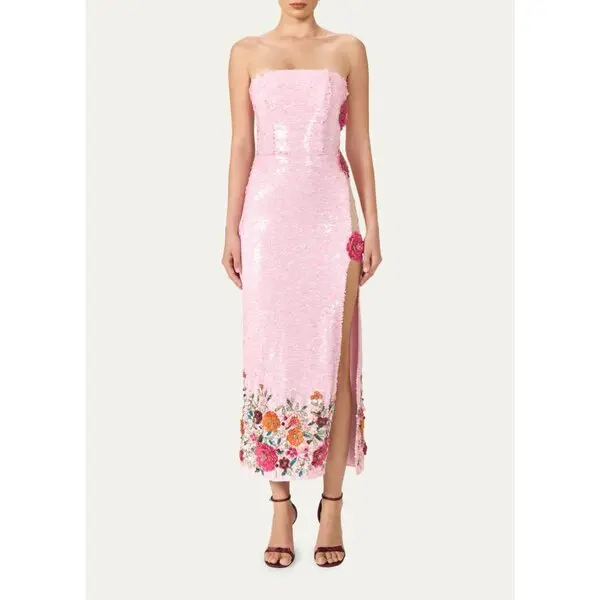 Costarellos Harlee Strapless Flower Sequined Slit Midi Dress