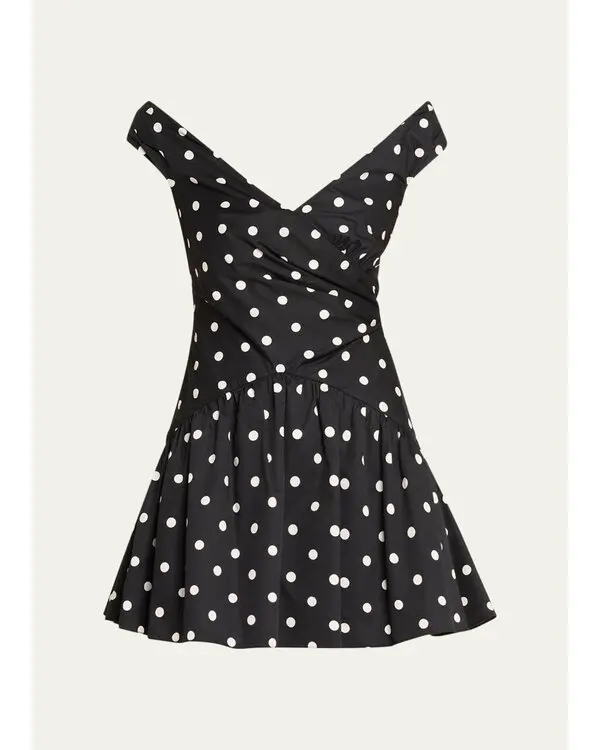 SELF-PORTRAIT Polka-dot Gathered Off-shoulder Mini Dress - Black