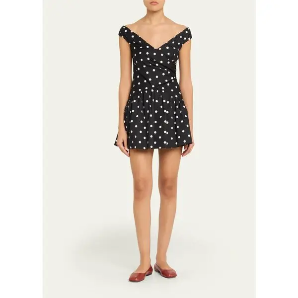 SELF-PORTRAIT Polka-dot Gathered Off-shoulder Mini Dress - Black