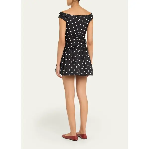 SELF-PORTRAIT Polka-dot Gathered Off-shoulder Mini Dress - Black